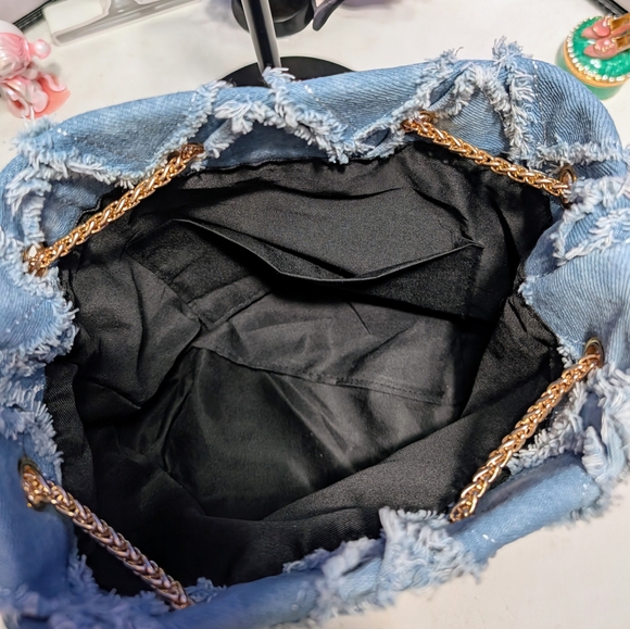 Bags | Boho Chic Raw Edge Denim Drawstring Bucket Bag With Gold Chain ...